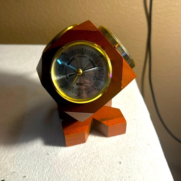 Office | Vintage Rotating Desk Clock And Thermometer Barometer Wooden ...